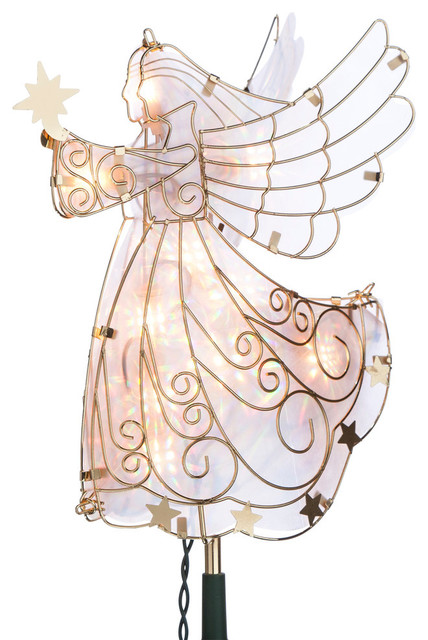 Lighted Angel Tree Topper in Frosty Glass With Gold Outline and Stars ...