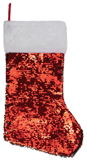 19 Red And Silver Sequin Christmas Stocking With White Faux Fur Cuff