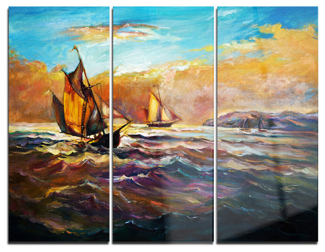 "Boats in Roaring Sea" Metal Wall Art, 3 Panels, 36"x28", 36"x28" 3 ...