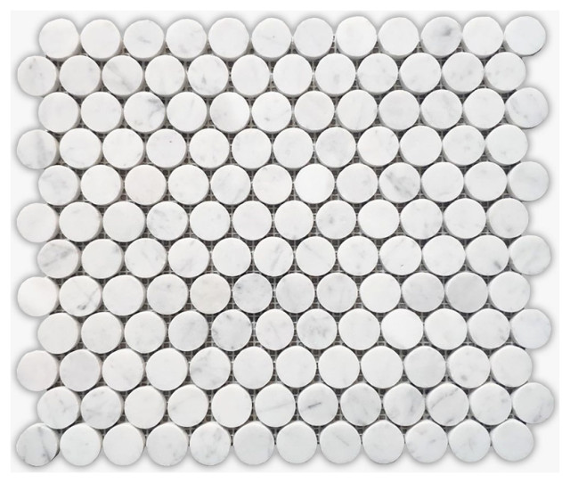 White Carrara Honed Penny Round Marble Mosaic, 12x12 - Contemporary ...