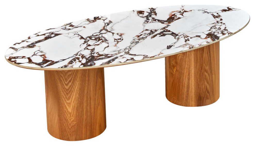 White Marble Ceramic Oval Coffee Table, 47" Wooden Base Cocktail Table ...