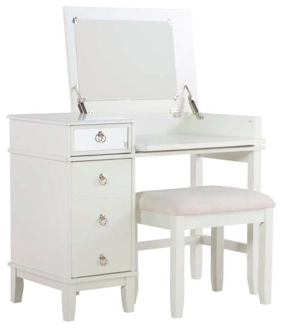 Contemporary Vanity Set, Mirrored Design With Cushioned Stool & Drawer ...