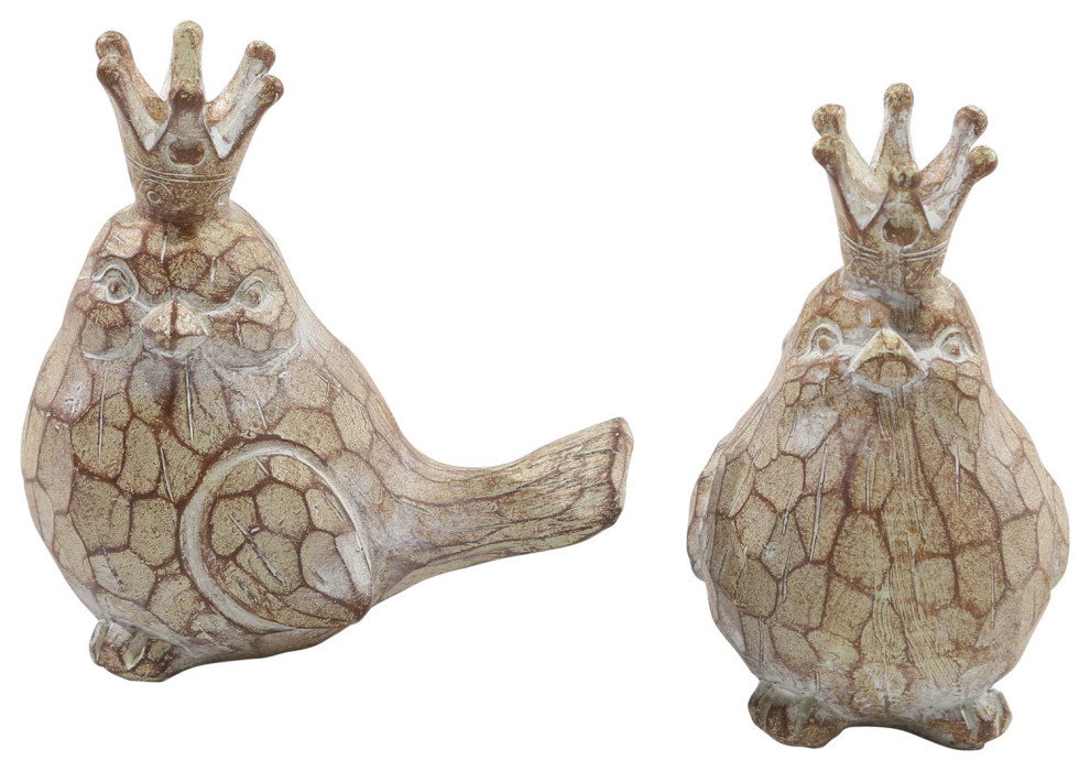 Set of 2 Resin Birds With Crowns, Brown - Farmhouse - Decorative ...