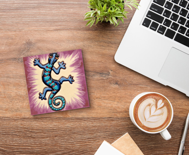 4x4" Blue Lizard With Purple Background Art Tile Ceramic Drink Holder ...