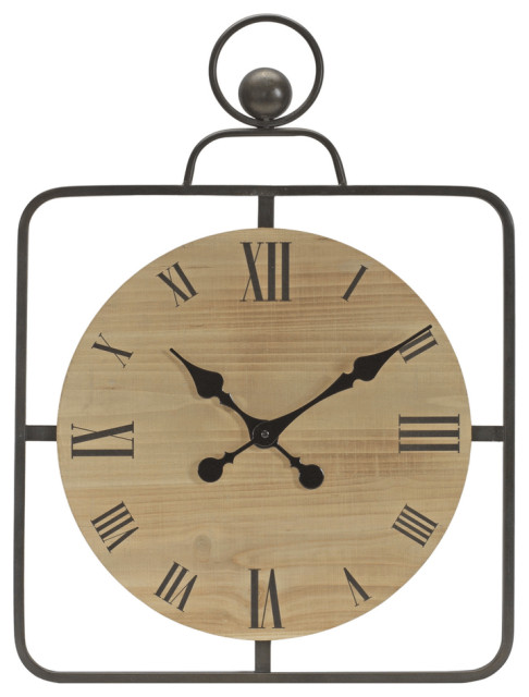 18" Square Brown and Black Wood and Solid Wood Analog Wall Clock ...