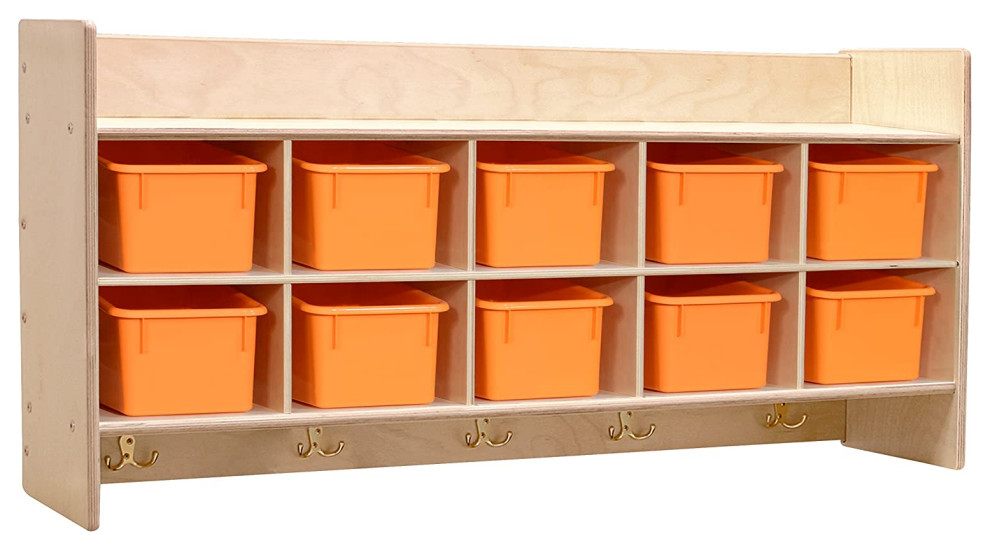 10 Section Wood Cubbies Storage, Orange Bins, Wall Hanging Organizers ...