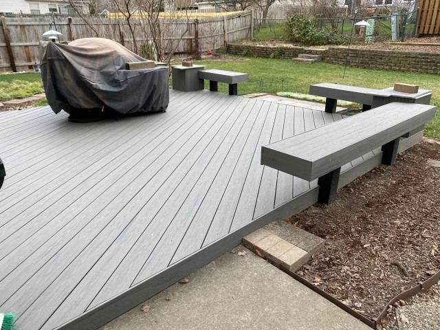 Silver Maple TimberTech Deck with Floating Benches & Planter Boxes in ...