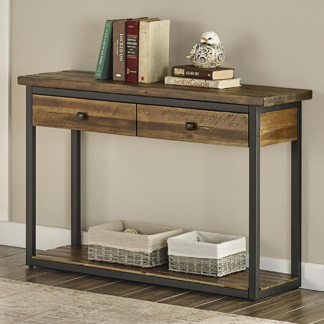 Rustic Console Table, Low Profile Open Shelf & 2 Upper Storage Shelves ...