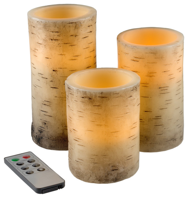 Flameless Real Wax LED Candles With Birch Bark and Remote, Set of 3, 3 ...