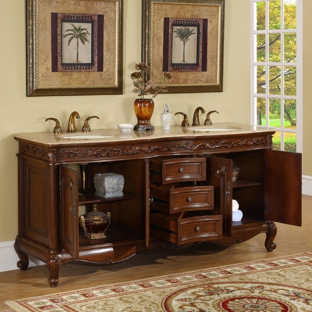 72 Inch Antique Brown Double Sink Bathroom Vanity, Travertine ...