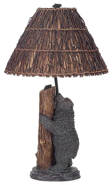 150W Resin Bear/Honey Bee Table Lamp, Brown Finish, Twig Shade - Rustic ...