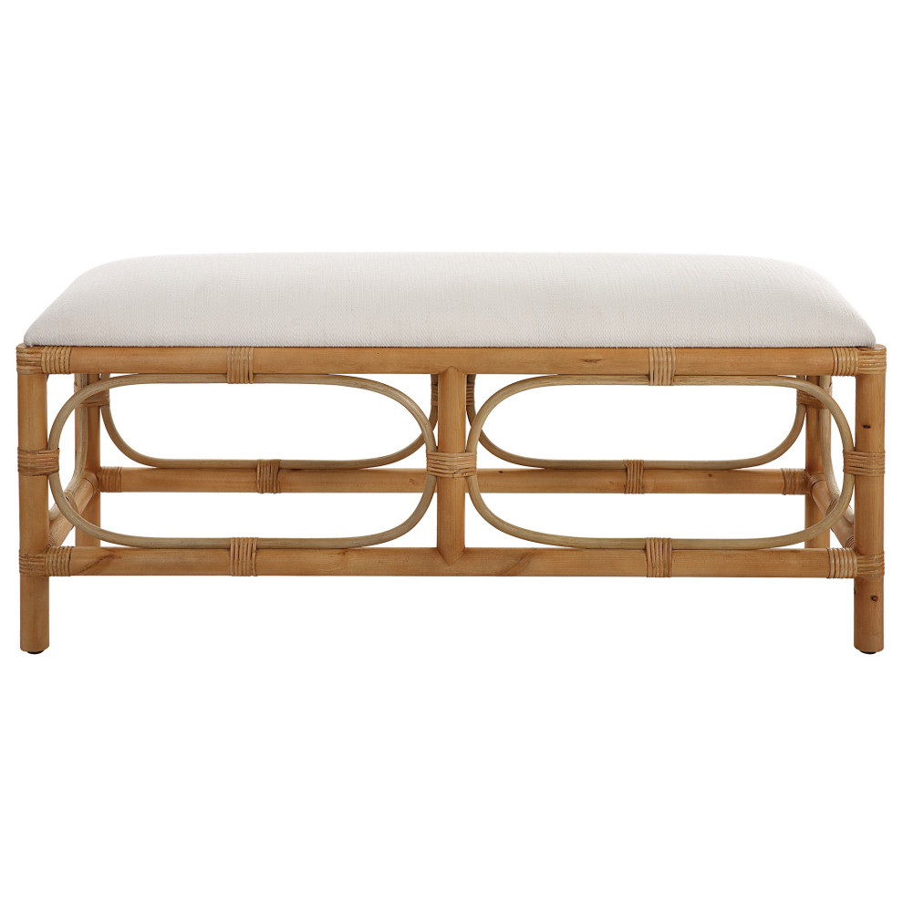 Laguna White Fabric Rattan Bench - Tropical - Upholstered Benches - by ...