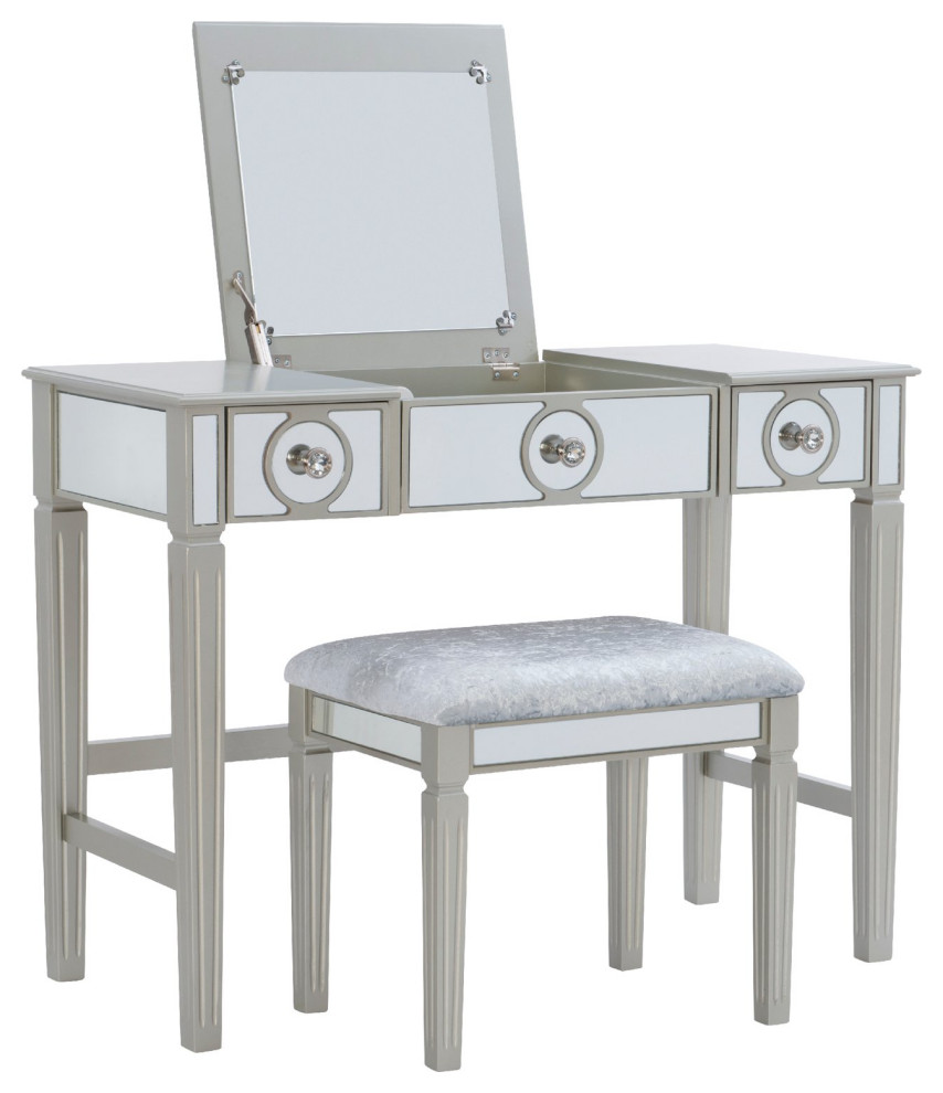 Traditional Vanity Set, Lift Top Design With Mirror & Cushioned Bench ...