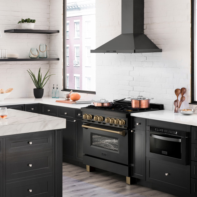 ZLINE 36" Dual Fuel Range, Black Stainless With Champagne Bronze RABZ ...