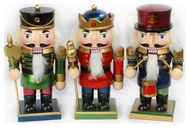 Set of three 9" Short and Stout Wooden Nutcracker Christmas Decorations ...