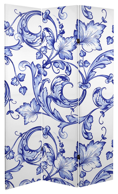 6' Tall Double Sided Blue Filigree Canvas Room Divider - Contemporary ...