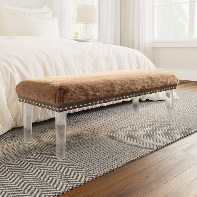 Brianna Modern Luxury Faux Fur Upholstered Bench with Clear Legs, Mink ...