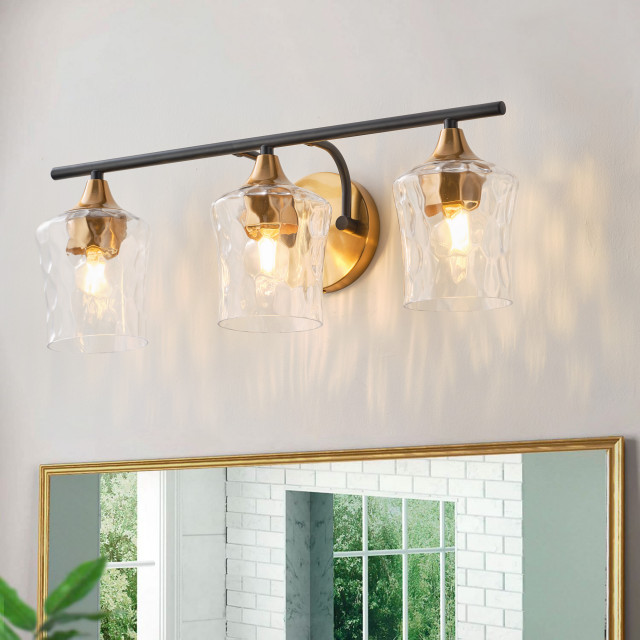 Brushed Gold 3-Light Bathroom Vanity Light with Clear Glass Shades ...