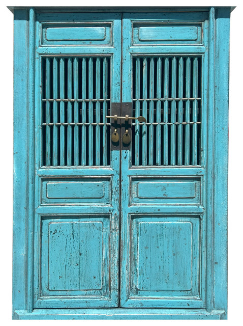 Distressed Aqua Blue Slim Wood Carving Shutter Doors Storage Cabinet ...