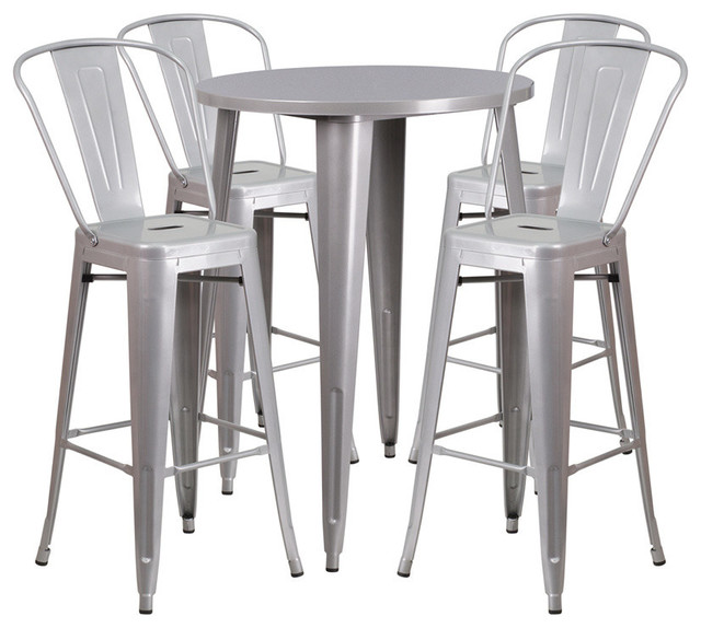 Flash Commercial Grade 30" Round Silver Metal Bar Table Set & 4 Cafe ...