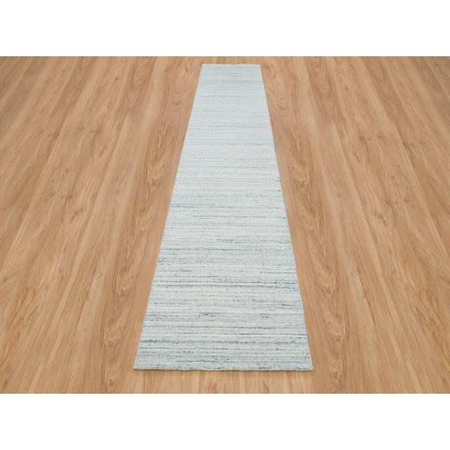 Ivory Plain Modern Striae Wool Hand Loomed Runner Oriental Rug, 2'8"x14 ...