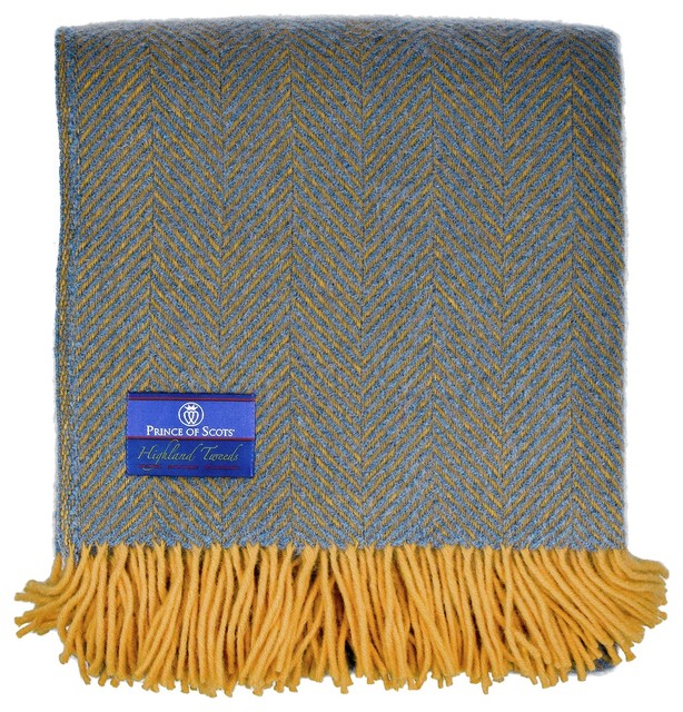 Highland Tweed Herringbone Pure New Wool Throw, Navy/Gold ...