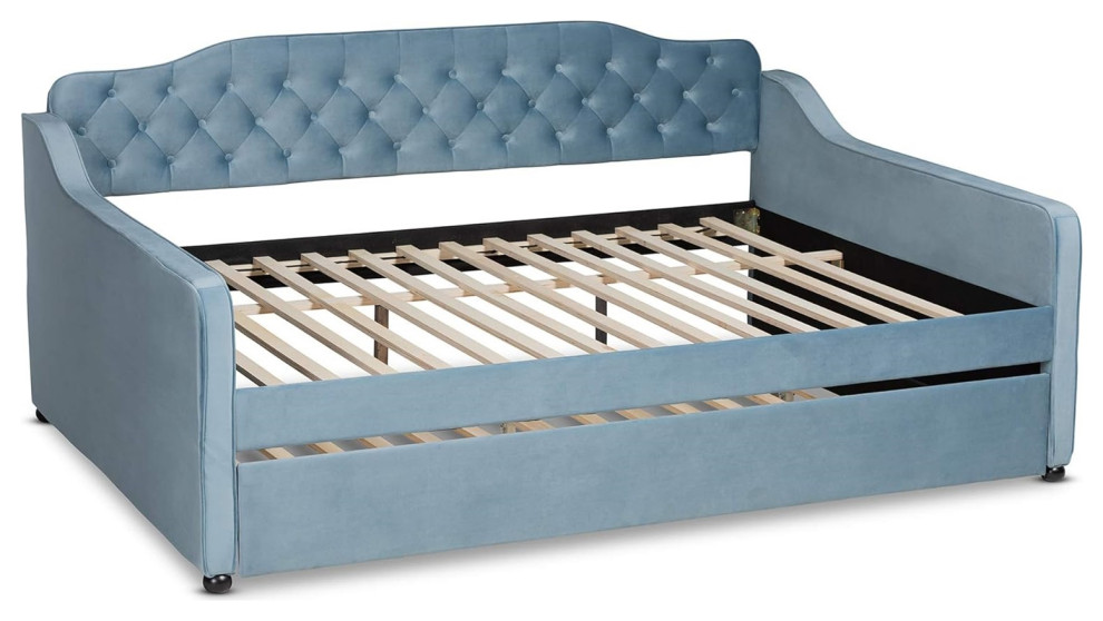 Light Blue Full Daybed with Trundle, Slat Support, and Tufted Headboard ...