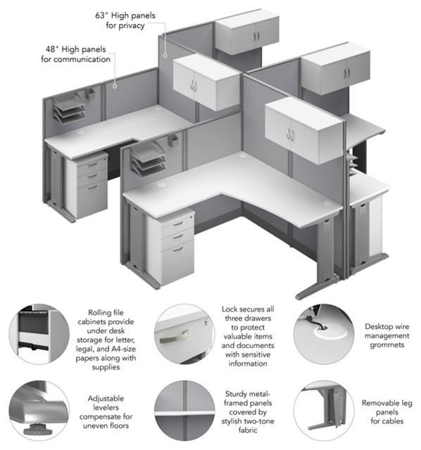 Office in an Hour 4 Person L Cubicle Desk Set in Pure White ...