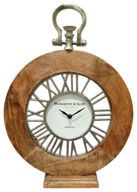 Mango Wood, 16" Round Table Clock, Natural - Traditional - Desk And ...