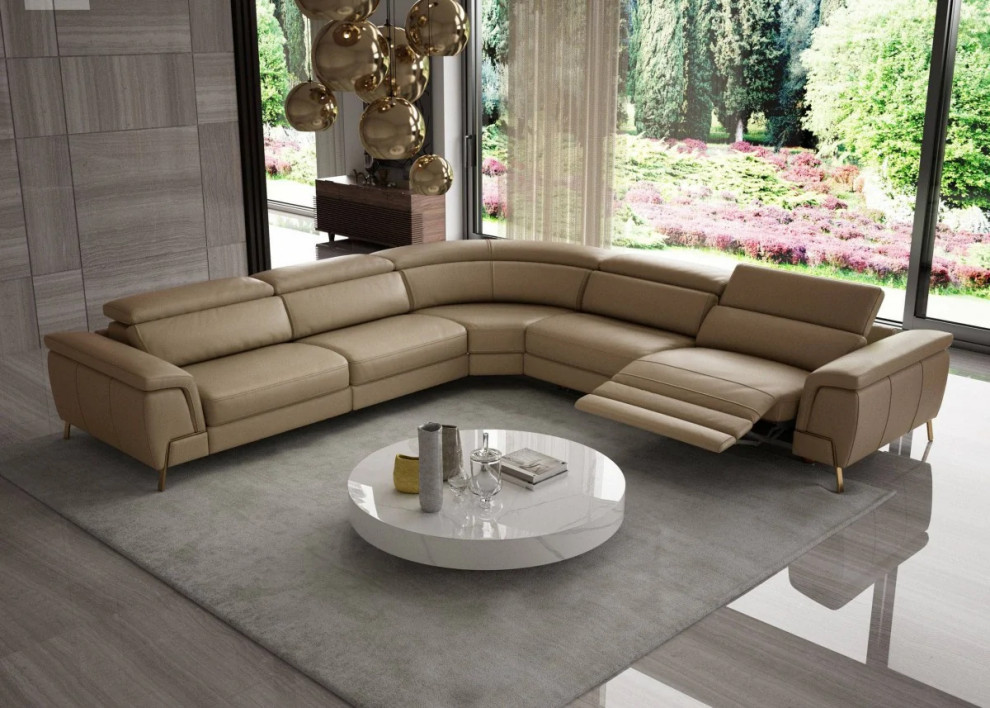 Rose Italian Modern Tan Leather Sectional Sofa With Recliner ...
