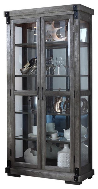 Trent Home Transitional Curio with Glass Shelves in Rustic Dark Gray ...