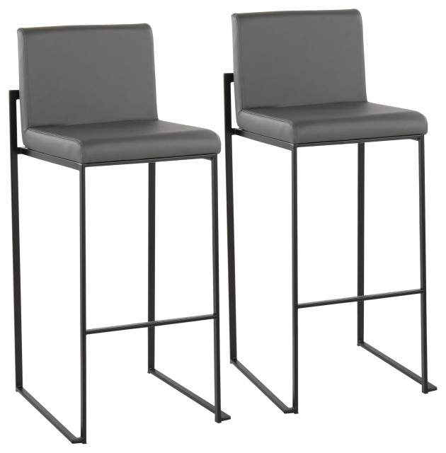 Fuji High Back Barstool, Black Steel/Gray Faux Leather, Set of 2 ...