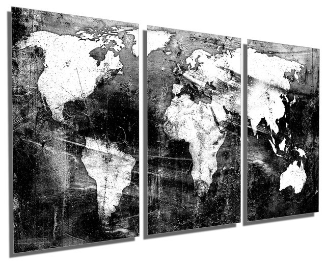 Black & White World Map Metal Print Wall Art. 3 Panel split, Triptych ...