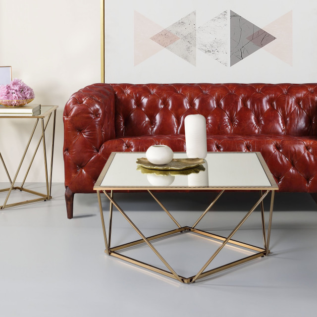 Stylish Mirrored Square Coffee Table with Unique Geometric Gold Frame ...