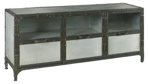 Industrial Console Table, Rivet Accented Metal Frame With Partial Glass ...