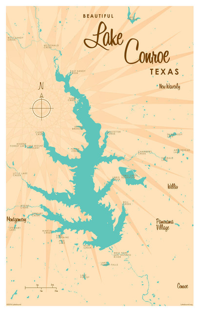 Lakebound Lake Conroe Map Art Print, 24"x36" - Contemporary - Fine Art ...