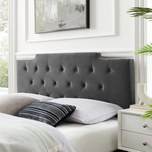 Tufted Headboard, Full Queen Size, Velvet, Dark Gray, Modern ...