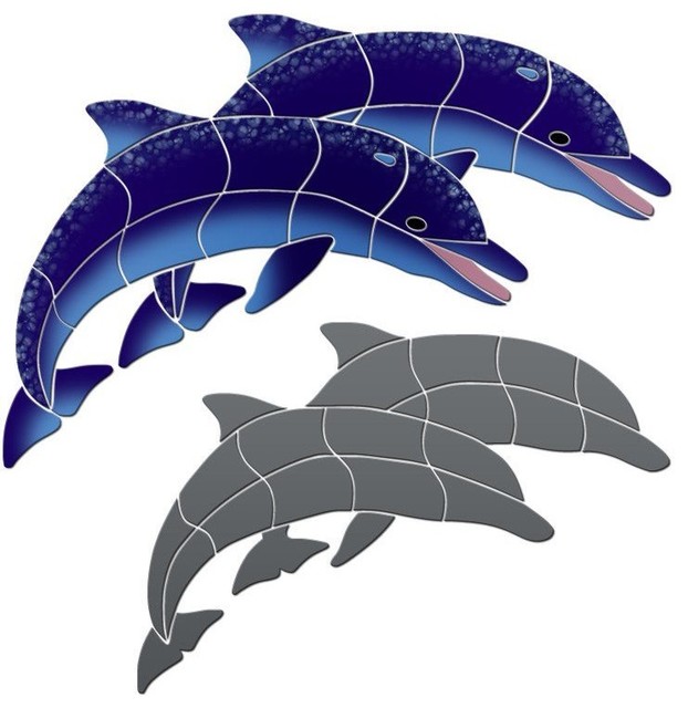 Double Dolphins Ceramic Swimming Pool Mosaic, 41"x28" with shadow ...