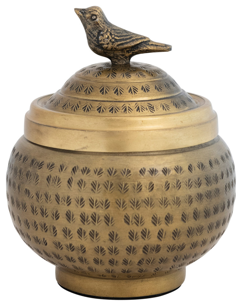 Hammered Aluminum Sphere Container with Lid and Bird, Antique Brass ...