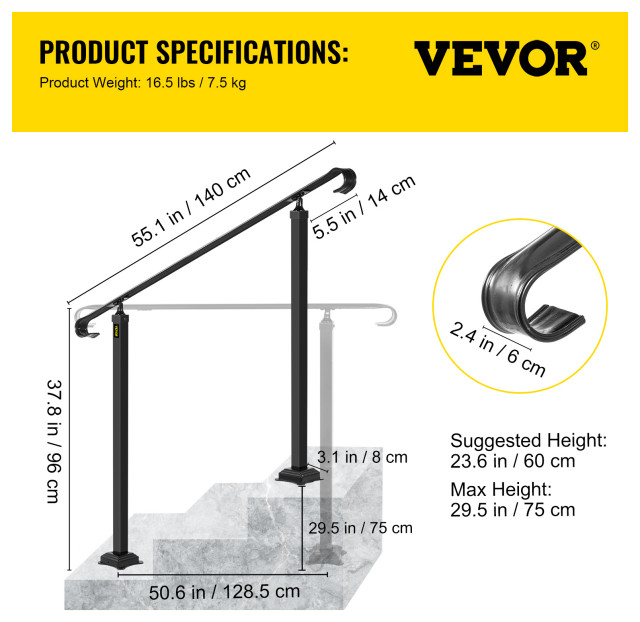 Vevor Stair or Walkway Handrail Wrought Iron, 4.59' - Contemporary ...
