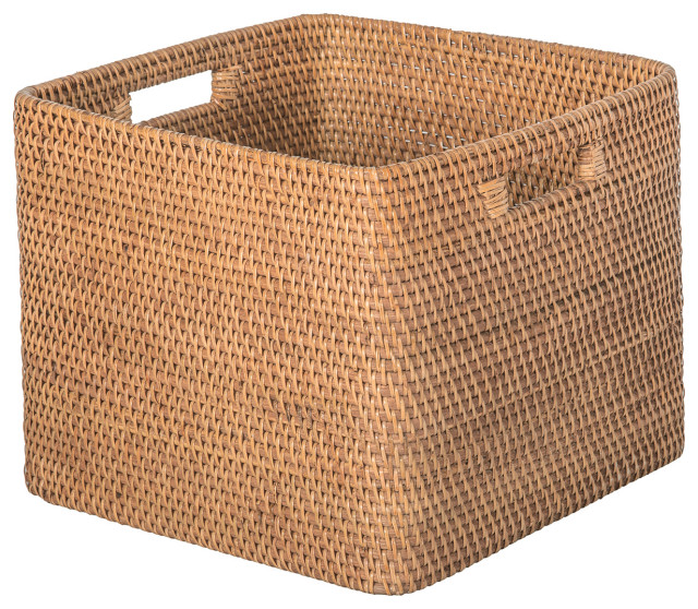 Loma Decorative Square Rattan Storage Basket With Handles, Honey-Brown ...