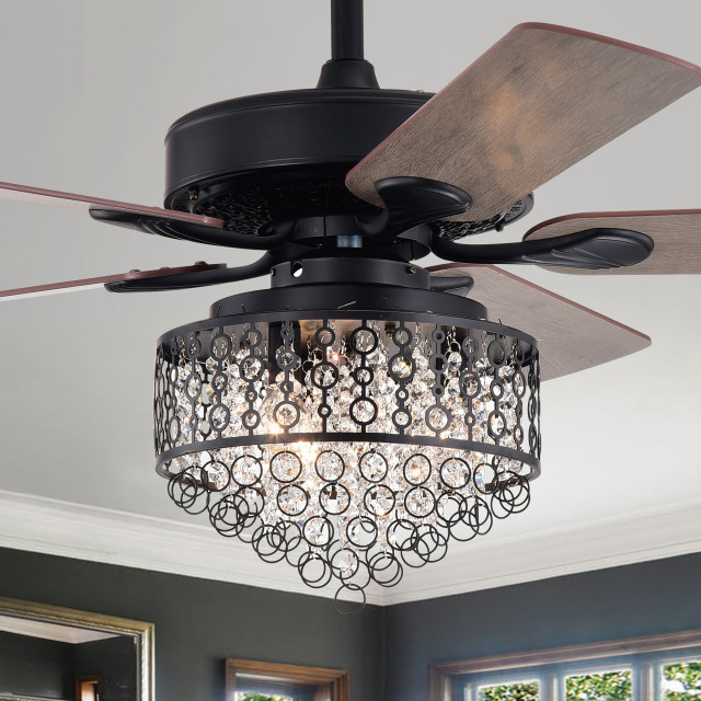52" Indoor Matte Black Reversible Ceiling Fan with Crystal Cascade ...
