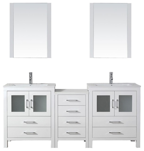 74" Double Bathroom Vanity, White, Slim White Top, Square Sink, Faucet ...