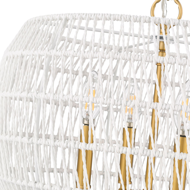 Ellie 4-Light Chandelier, Modern Brushed Gold With Bleached White Raphia Rope - Beach Style ...