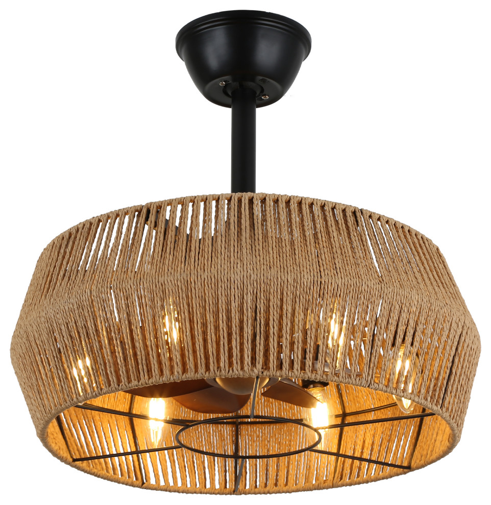 18" Woven Rope Drum Ceiling Fan, Dimmable Light and Remote Control ...