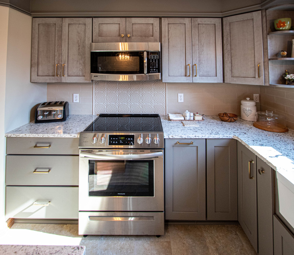 2 Tone Gray Kitchen with Quartz Countertop and Crackle Tile Backsplash ...