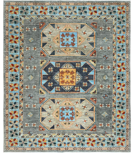 Cadet Gray Armenian Inspired Caucasian Design Wool Hand Knotted Rug 8'3 ...