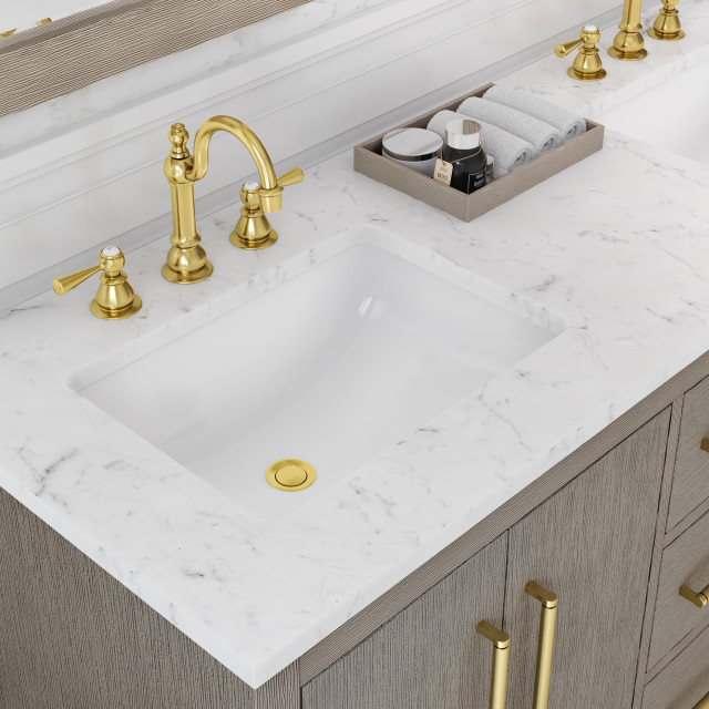 60" Double Sink Carrara White Marble Top Vanity, Grey Oak, Hook Faucets ...