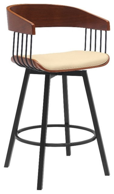 Athena 27" Swivel Walnut Wood Counter Stool in Cream Faux Leather with ...