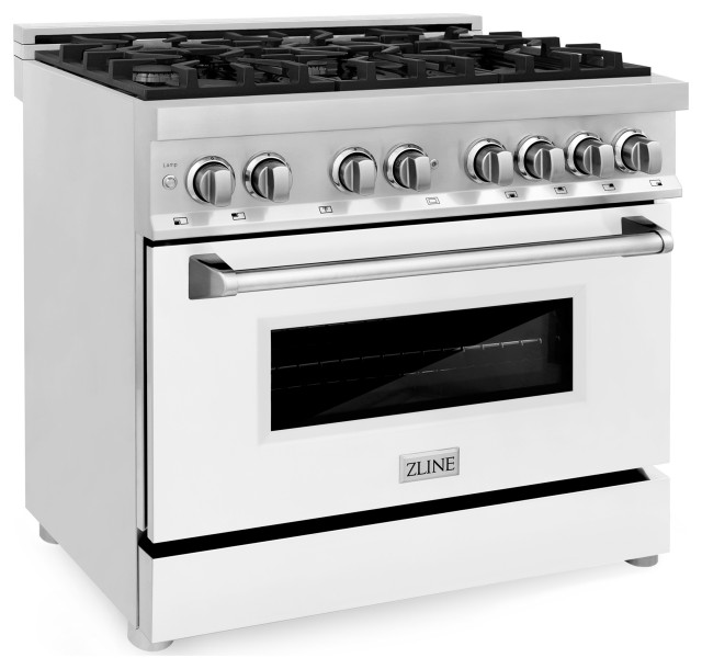 ZLINE 36" Dual Fuel Range With Griddle and White Matte Door, Stainless ...